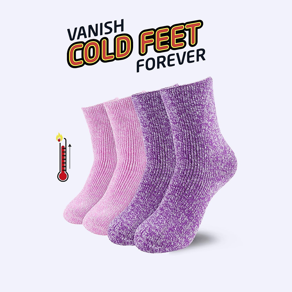 HOT FEET Boys and Girls 2 Pack Heavy Thermal Socks - Traps in Warmth – Kids Thick Insulated Crew for Casual Cold Weather Use (Pink & Purple)