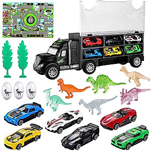 Dinosaur Toys Tools Set, 19 Dinosaurs Car Carrier Truck Toy, Including 1 Truck, 6 Mini Cars, 6 Dinosaurs, 3 Dinosaur Eggs, Dinosaur Truck Toys