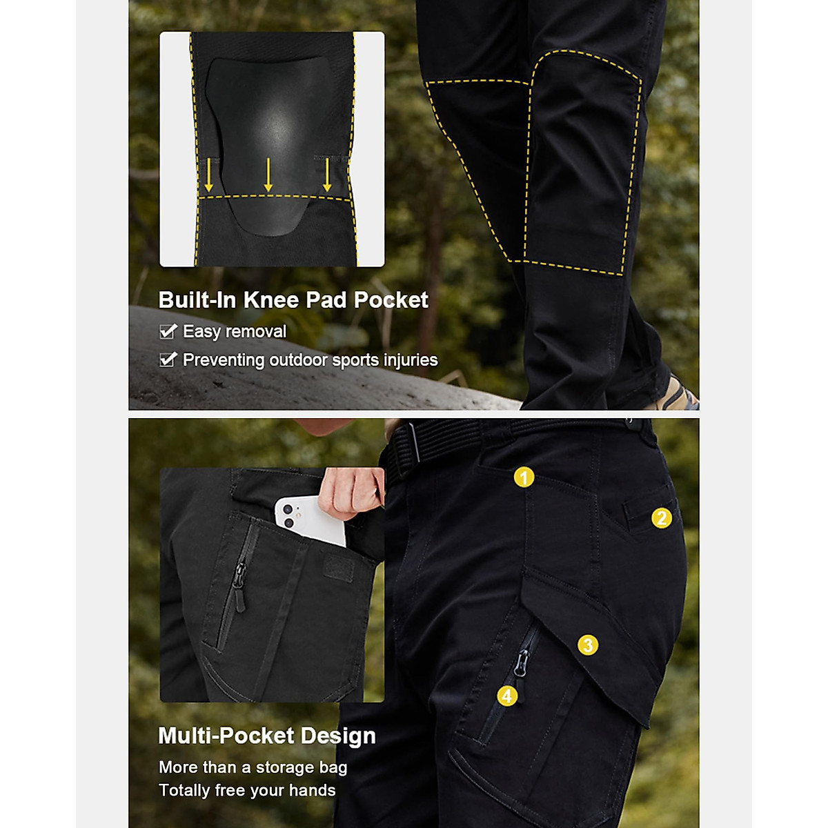 Susclude Men's Tactical Pants Stretch, 9 Pockets Rip Stop Lightweight Cargo Work Military Trousers Outdoor Hiking Pants Gray Green 28Wx28L