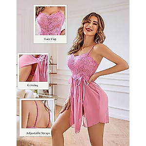 Avidlove Women V-Neck Lace Lingerie Babydoll Mesh Chemise Nightwear Outfits Pink Large