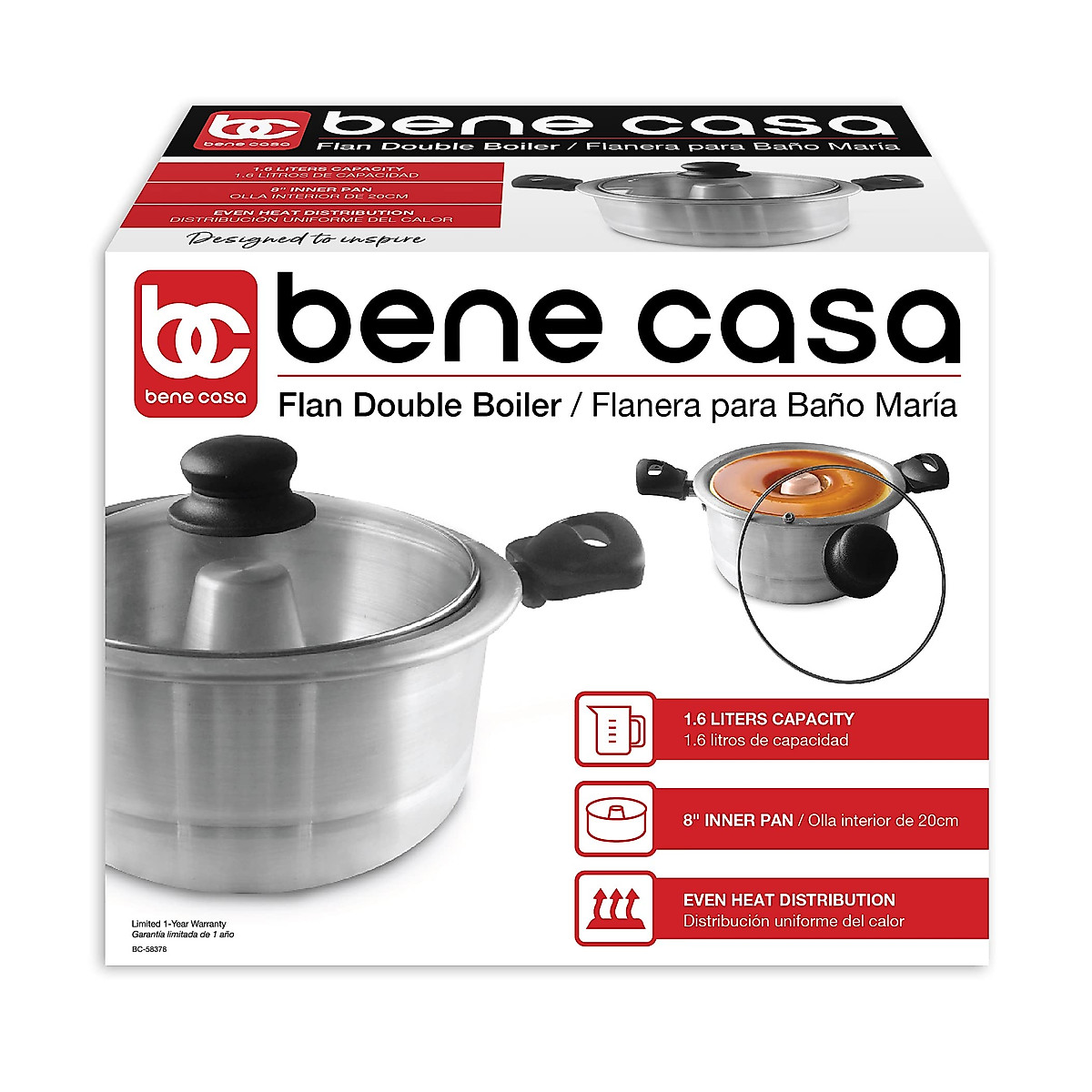 Bene Casa - Aluminum Flan Mold Double Boiler with Glass Lid (1.6 Liter) - Includes Aluminum Inner Pan (8") - Dishwasher Safe