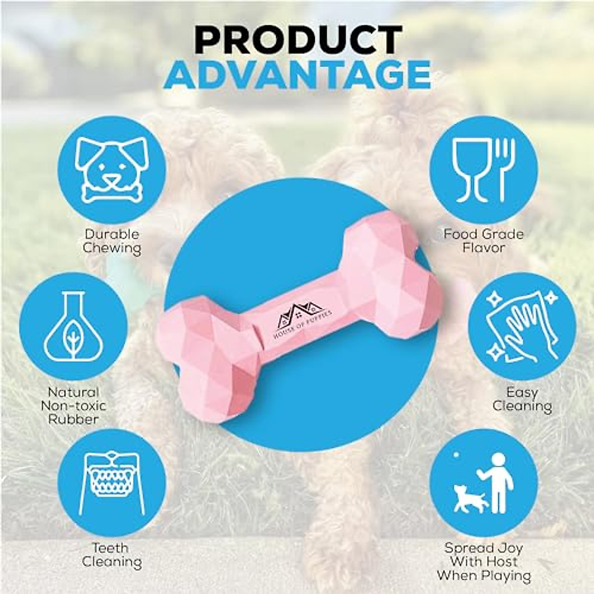 House of Puppies Dog Toys for Aggressive Chewers with Durable Natural Rubber - for Teething and Dental Care (Medium, Pink)