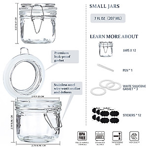 Folinstall 7 oz Glass Jars with Airtight Lids 12 Pcs, Small Mason Jars with Hinged Lids for Kitchen Storage, Canning and Pantry, Includes 3 Replacement Silicone Gaskets and Chalkboard Labels