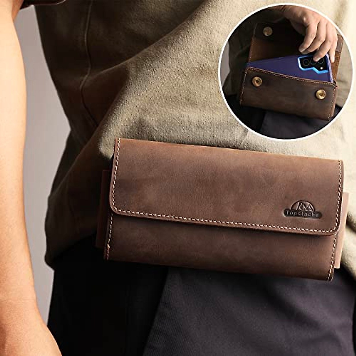 Topstache Leather Phone Holster with Belt Clip,Two Pockets Phone Pouch, Leather Card Holder,Wallet for Cash and Phone, Phone Pouch for iPhone 13 Pro Max,S22 Ultra with Magnetic Closure,XL,Darkbrown
