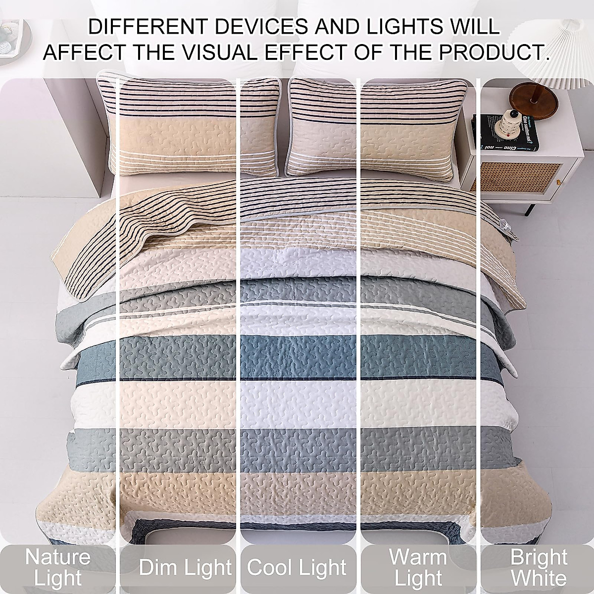 Dinjoy Grey Boho Quilt King Striped Khaki Bedspread Lightweight Boho 3 Pieces Reversible Quilt Set Micofiber Farmhouse Quilt Set with 2 Pillowcases for All Seasons Fall (Gray Striped Quilt)