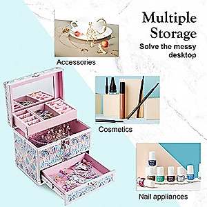 Hododou Girls Jewelry Box Organizer with Drawer & Mirror, Mermaid Tail Style Lockable Storage Case for Kid or Little Girls Jewelry and Hair Accessories