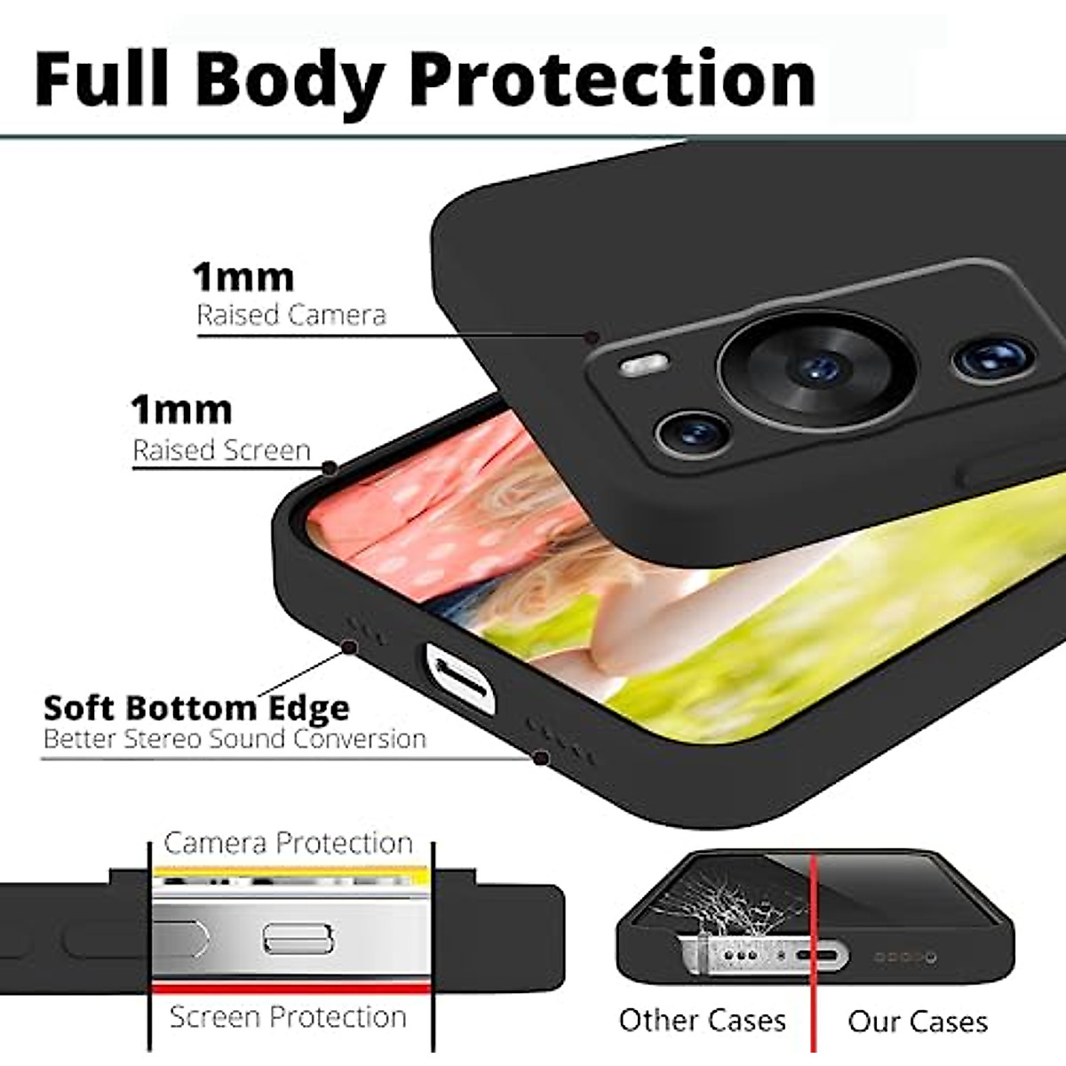 Jancyu Compatible with Huawei P60 Pro Case Soft, Silicone Phone Case for Huawei P60 Pro, 360°Full Protective, Shockproof and Fingerprint Resistant Accessorie (Black)