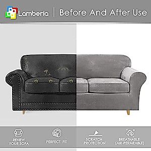 Lamberia High Stretch Sofa Cover for 3 Cushion Couch 4 Pieces Thick &Washable Plush Velvet Sofa Slipcover Couch Cover Furniture Protector for Dogs,Pets&Kids(Sofa-L,Silvergray)