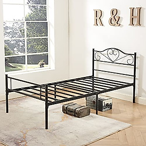 VECELO Metal Platform Bed Frame with Headboard & Footboard, Steel Slats Mattress Foundation, No Box Spring Needed, Twin, Matte Black
