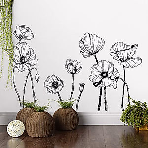 Creative Black Flowers Wall Stickers 3D Black Poppy Floral Wall Decals DIY Removable Large Black Vinyl Flower Plant Wall Art Decor for Teens Women Bedroom Living Room Nursery Office Decoration DT-1021