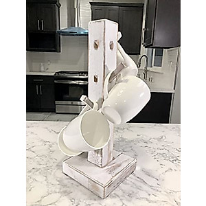 16" Solid Wood Coffee Mug Stand | Coffee Mug Tree | Coffee Mug Rack | Coffee Cup Holder | Adjustable / Removable Hooks | Holds 10 Mugs | Collapsible for Storage | Jewelry / Watch Organization (White)