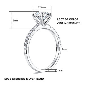 1.5ct Moissanite Promise Rings for Her, D Color VVS1 Clarity Lab Created Diamond Rings Brilliant Round Cut Side Stone Moissanite Engagement Ring Rhodium Plated S925 Sterling Silver Moissanite Rings