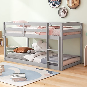Giantex Twin Low Bunk Bed, Solid Wood Twin Over Twin Bunk Bed Frame with Full Guardrails & Integrated Ladder, Floor Twin Bunk Beds for Kids Boys and Girls, No Box Spring Needed, Grey