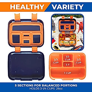 Dinosaur Bento Lunch Box for Boys Toddlers, 5 Portion Sections Secure Lid, Microwave Safe BPA Free Removable Plastic Tray, Pre-School Kid Daycare Lunches Snack Container Ages 3 to 7 Blue Orange
