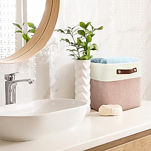 Patvingot Collapsible Fabric Cube Storage Bins 11x11×11, Pack of 6 Closet Basket Boxes with PU Handles for Organizing Shelves, Toys, Clothes, Home, Office,Laundry,Office(White&Pink)