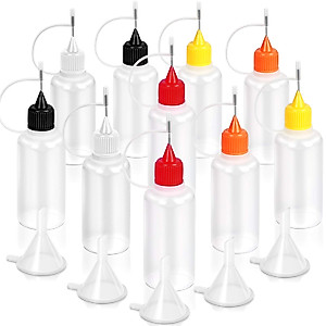 Fandamei 10 PCS Precision Tip Applicator Bottle, 5 Color Glue Applicator Bottle with 5PCS Mini Funnel, 30ml/1 Ounce Fine Needle Tip Squeeze Bottle for Alcohol Ink DIY Quilling Craft Acrylic Painting