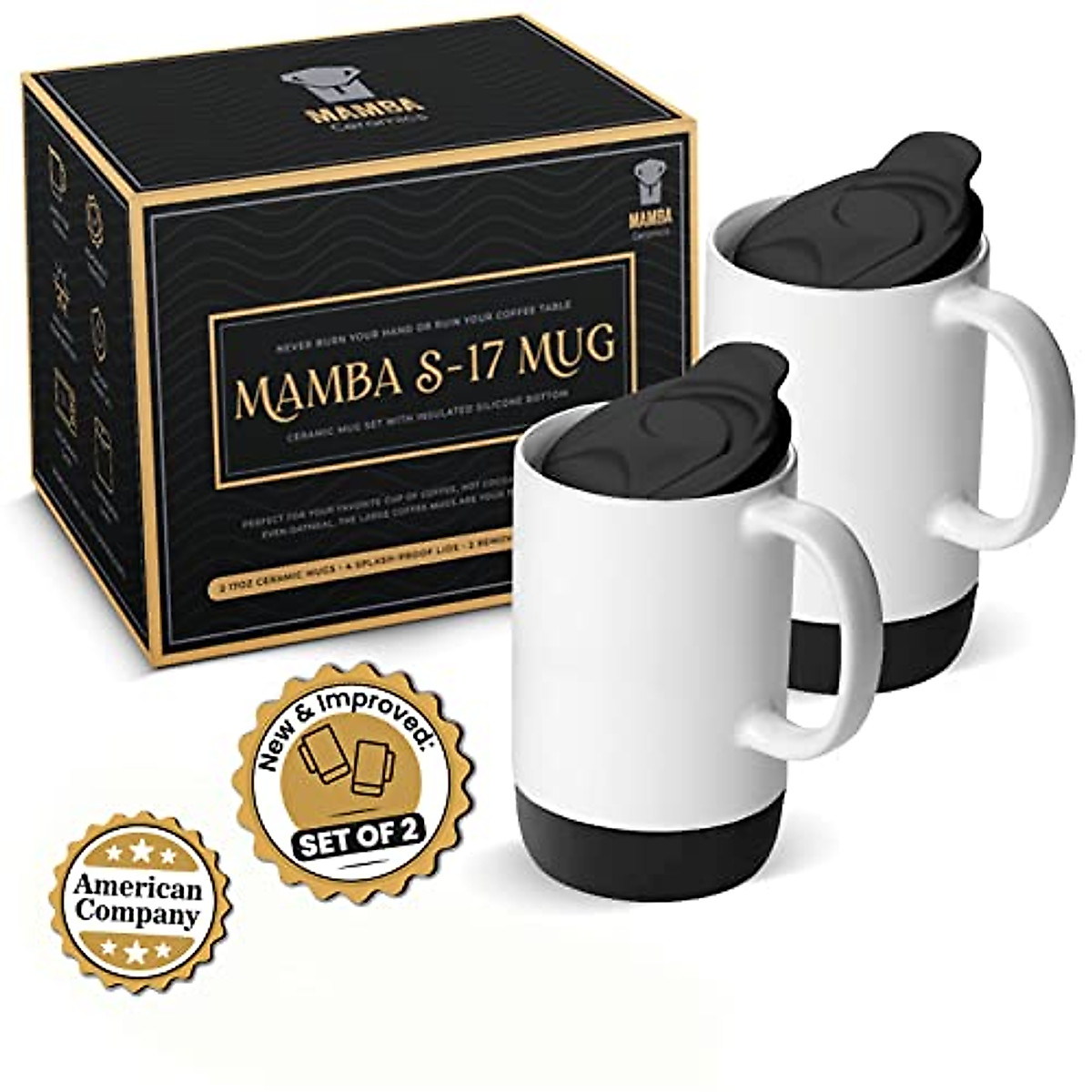 Extra Large Ceramic Coffee Mug w/Lid and Removable Silicone Base - 17 ounce Slideproof Coffee Cups w/Handle and Sip and Cover Lid - Set of 2 Dishwasher Safe Ceramic Travel Mugs - Reusable White Cup