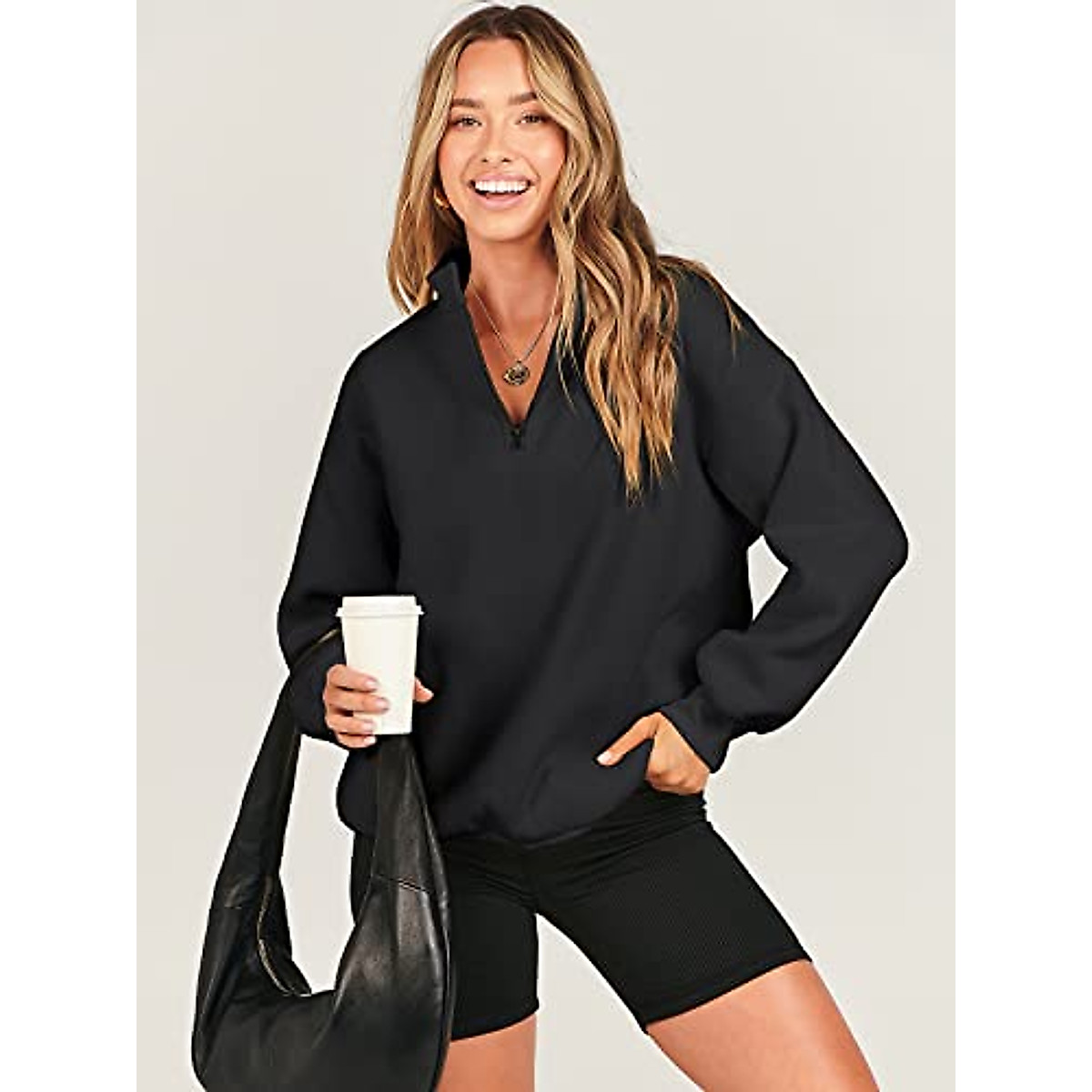 ANRABESS Womens Hoodies Oversized Half Zip Pullover Long Sleeve Sweatshirts Comfy Fleece Quarter Zip Trendy Cropped Outfits Teen Girls Fall Y2K Tops Basic Clothes 1018heise-L Black