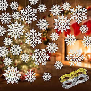 46 Pcs White Glitter Snowflake Ornaments Various Size Plastic Christmas Tree Decorations with Silver Rope for Winter Wonderland Window Door Accessories