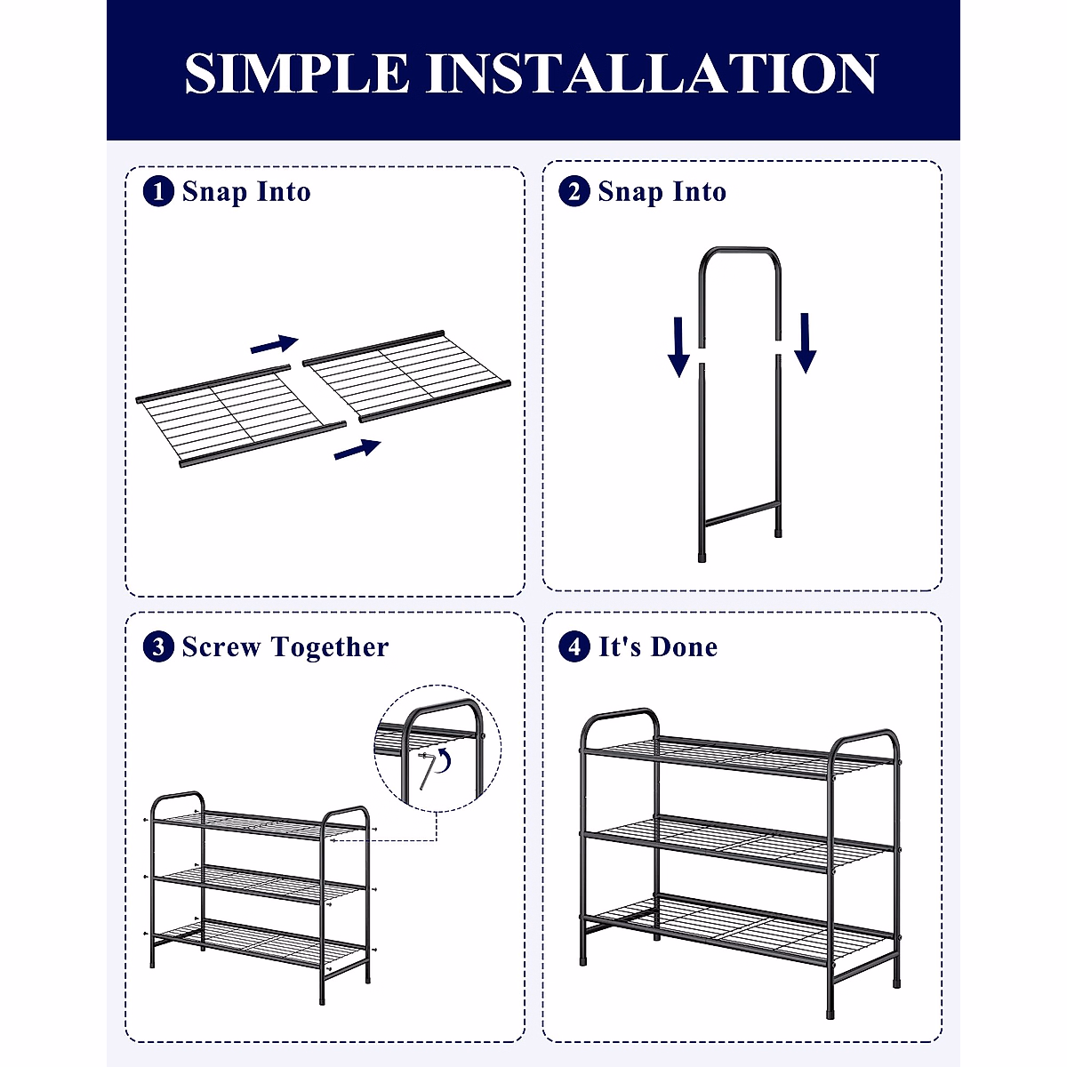 Kitsure Shoe Rack - Stainless Steel Shoe Organizer, Sturdy Shoe Rack for Closet and Front Door Entrance, Free Standing Shoe Shelf, Closet Organizers and Storage, Black