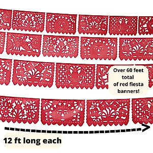 Red Papel Picado Flags, Fiesta Party Decoration, Mexican Paper Banner, Garland, Bunting, Streamers for Birthday Parties, Baby Showers, quinceaneras, Bridal Shower, Engagement Weddings 5 pk | 60ft