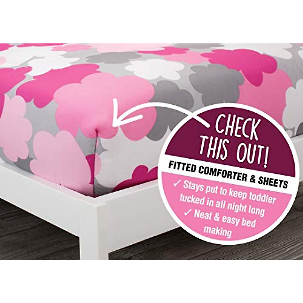 Delta Children 4 Piece Toddler Bedding Set for Girls - Reversible 2-in-1 Comforter - Includes Fitted Comforter to Keep Little Ones Snug, Bottom Sheet, Top Sheet, Pillow Case - Pink Clouds