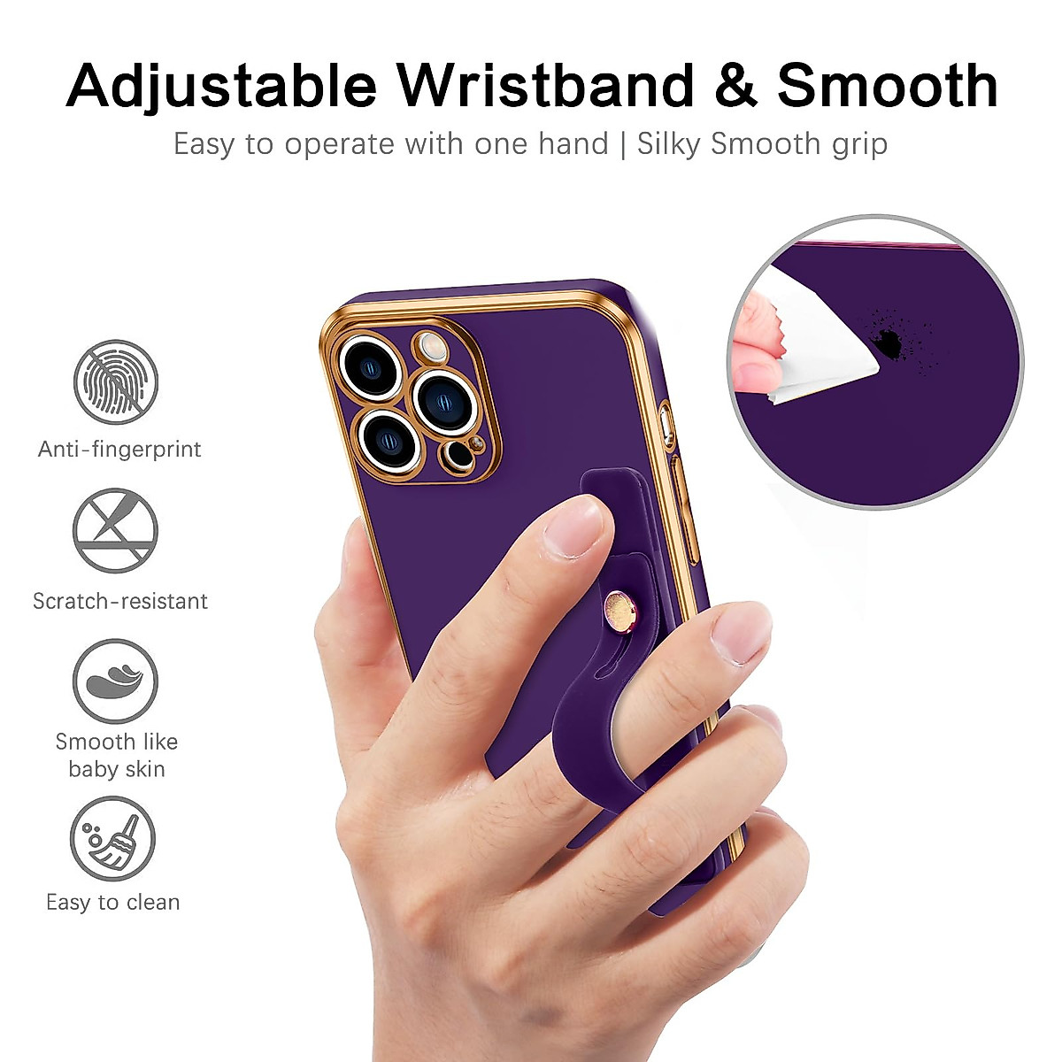 BENTOBEN for iPhone 13 Pro Max Case with Wristband Strap, Slim Luxury Electroplated Bumper Women Men Girl Protective Soft Case Cover for iPhone 13 Pro Max 6.7 inch,Deep Purple/Gold