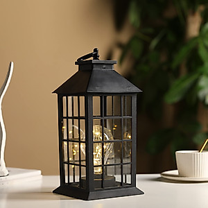 JHY DESIGN Waterproof Decorative Hanging Lantern 12''High Plastic Lantern Holder Battery Powered with LED Bulb and 6H Timer Lights for Balcony Garden Hallway Entryway Indoor Outdoor（Square Stripe）