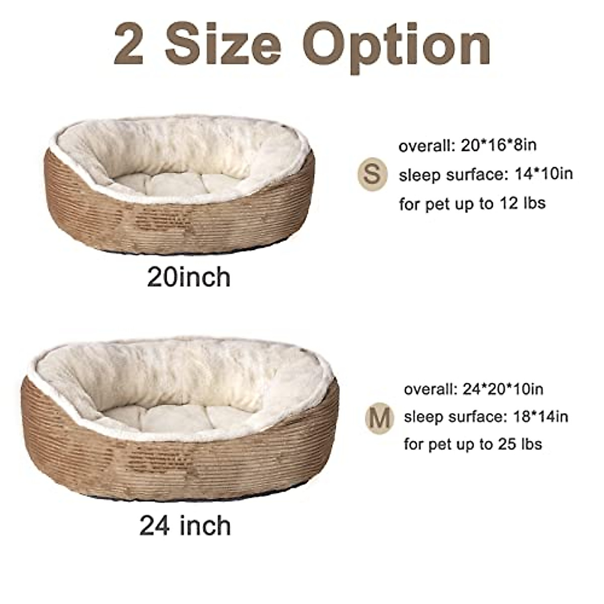 Bellwe Cat Bed, Dog Bed for Small Dogs Plush Round Puppy Bed Non-Slip Bottom Machine Washable Cushion Oval Shape 20/24inch