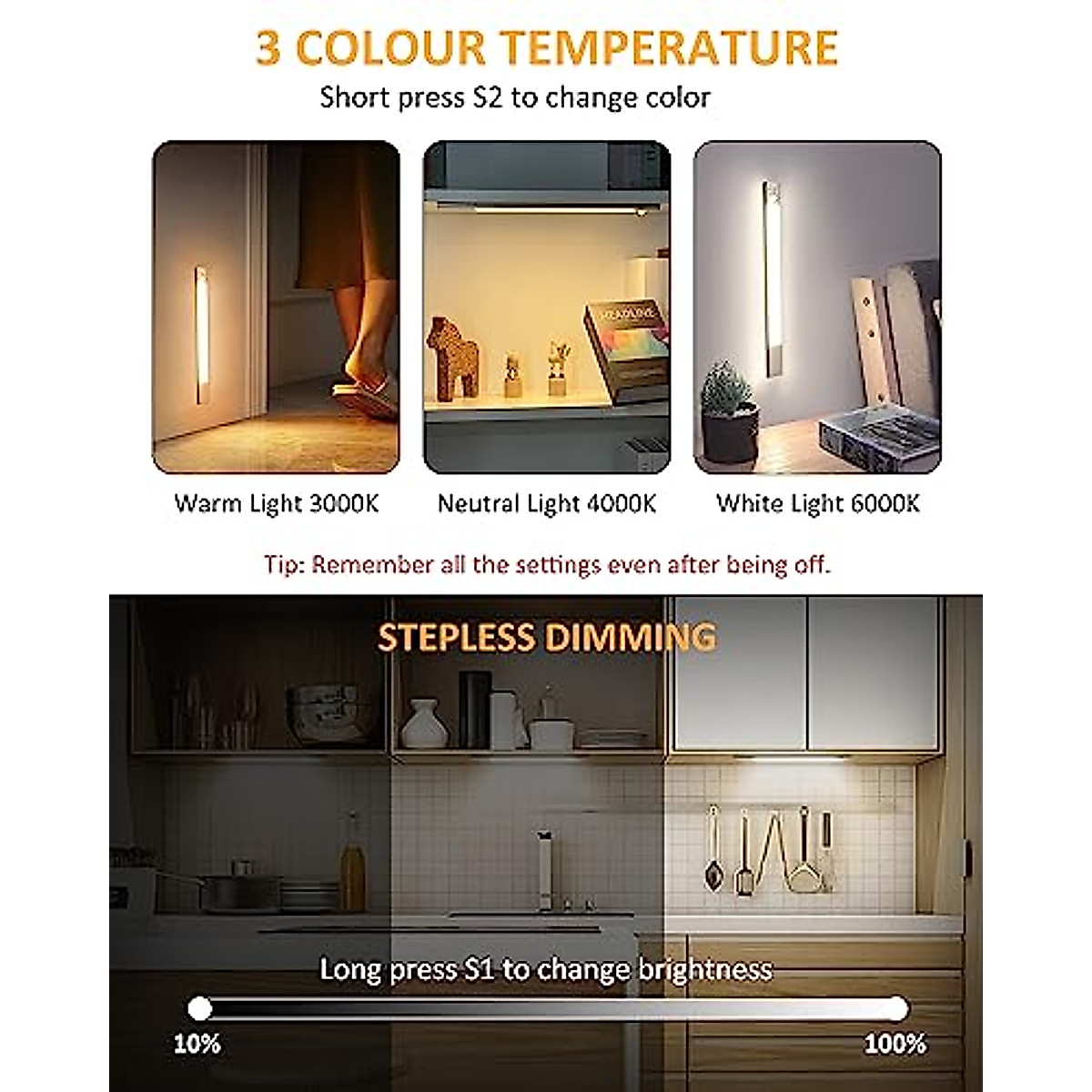 DUSKTEC Motion Sensor Light Indoor Under Cabinet Lighting Wireless 3 Color Dimmable Rechargeable Detachable Battery Operated Magnetic Closet Lights for Kitchen Counter Wardrobe Stairway