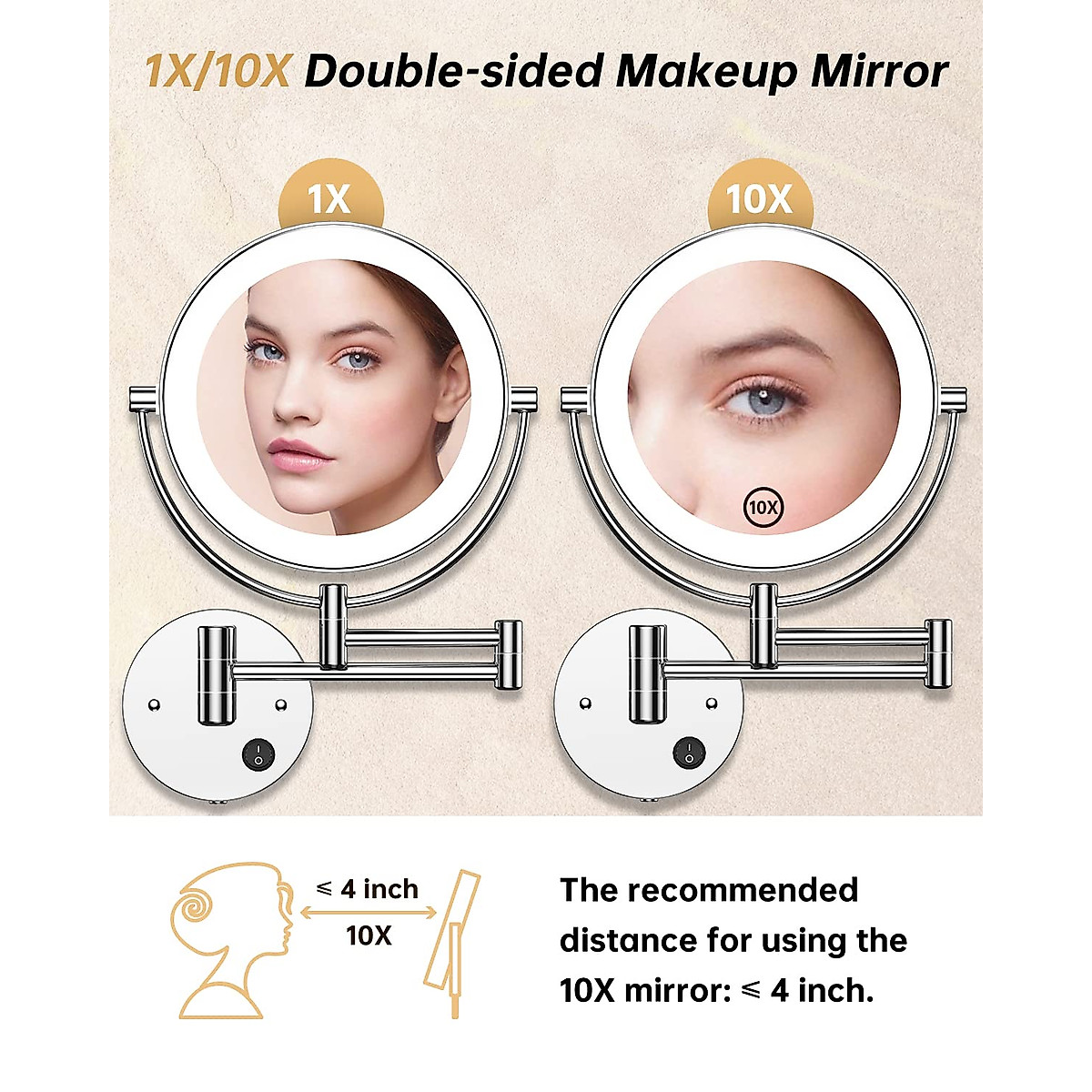 Gospire 8.5" Wall Mounted Lighted Magnifying Mirror, 1X/10X Double-Sided Magnification Round LED Cosmetic Vanity Bathroom Mirror Extendable Arm 360° Swivel for Shaving Makeup