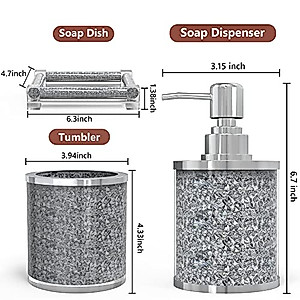 SHYFOY Bathroom Accessories Set, 3 Piece Silver Crystal Diamond Bathroom Accessory Decor Sets, Glass Bath Restroom Set Vanity Organizer Includes Soap Dispenser, Toothbrush Holder, Soap Dish