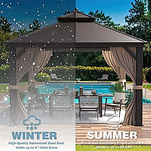 MELLCOM 12'x12' Hardtop Gazebo, Galvanized Steel Metal Double Roof Canopy Curtains and Netting, Outdoor Permanent Canopy Gazebos with Aluminum Frames for Patios, Gardens, Lawns