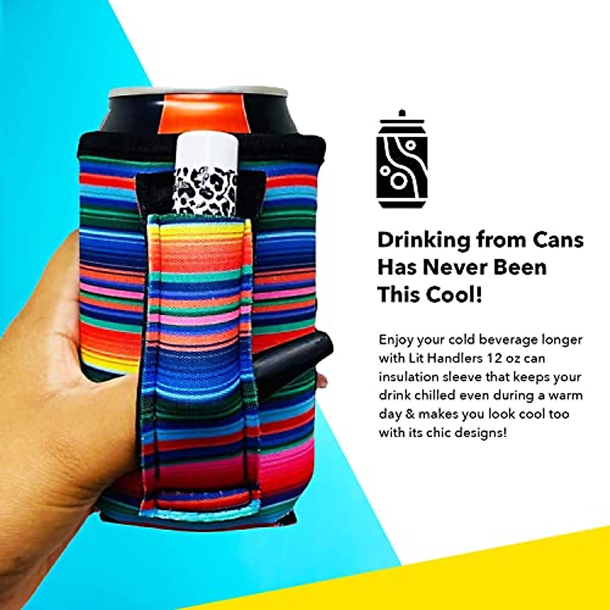 Lit Handlers Soda Can Handle - 12oz Can Cooler Sleeves Neoprene Material for Beer & Other Drinks -Bottle Insulator for Office, Gym, & Beach - Reusable Beverage Holder w/Handle (Black w/Leopard)