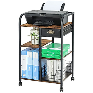 JKsmart Printer Stand with Storage Drawer, 4-Shelf Rolling Printer Cart with Wheels, Mobile Printer Table with Adjustable Shelf for Home Office (Brown & Black)