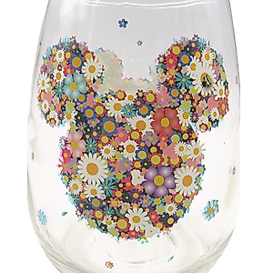 Jerry Leigh Multicolored Floral Mickey Mouse Outlined Stemless Drinking Glasses, Disney Souvenir Collectable Flower Print Adult Glass, 14.5 oz, 2 Pack, Multicolor