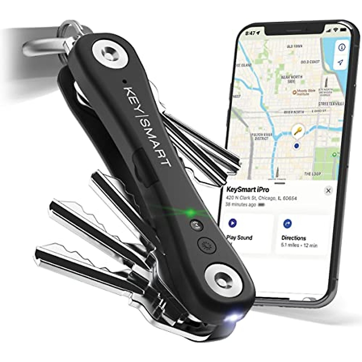 KeySmart iPro - Apple Find My App Compatible - Find Your Lost Keys Smart Key Organizer Keychain Holder, Compact Trackable Key Chain Keyholder, LED Flashlight (up to 14 Keys, Black)
