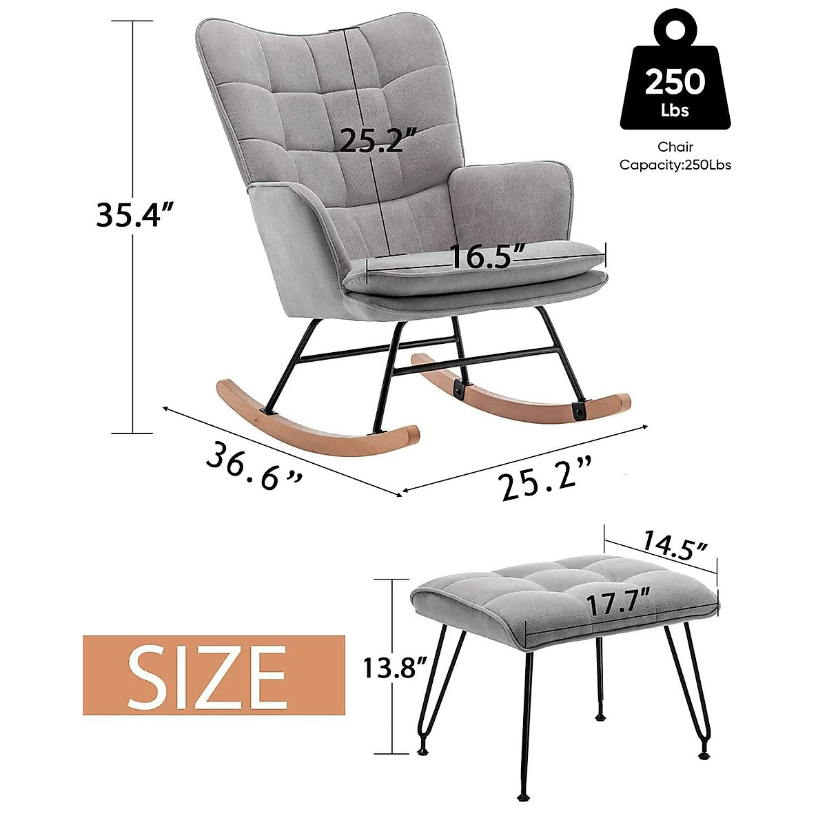 HOMMOW Nursery Rocking Chair with Ottoman, Comfortable Fabric Rocker Glider Chair with High Backrest,Grey Armchair Comfy Side Chair for Nursery Bedroom Living Room