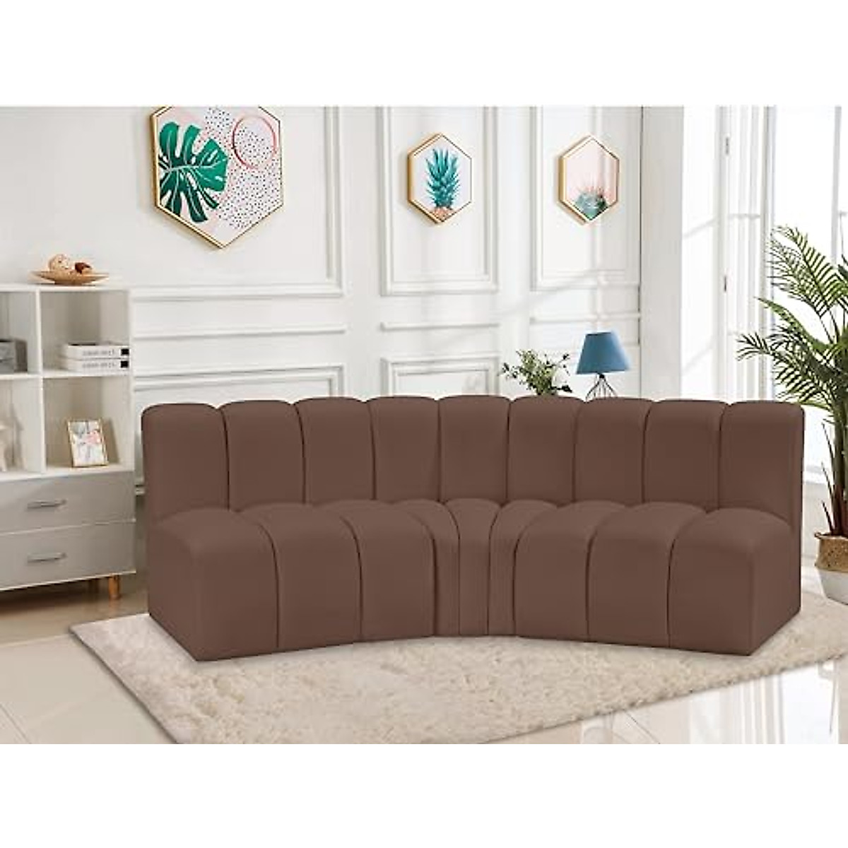 Meridian Furniture 101Brown-S3B Arc Collection Modern | Contemporary Modular Sofa with Soft Brown Vegan Leather, Deep Channel Tufting, Modular Design, 86" W x 41" D x 30" H, Brown
