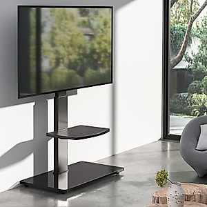 Rfiver Universal Swivel Floor TV Stand with Mount for 32-65 Inch Flat Screens/Curved TVs up to 110 lbs, Tall TV Stand with Black Tempered Glass Base and 2-Tier Storage Shelves, Height Adjustable