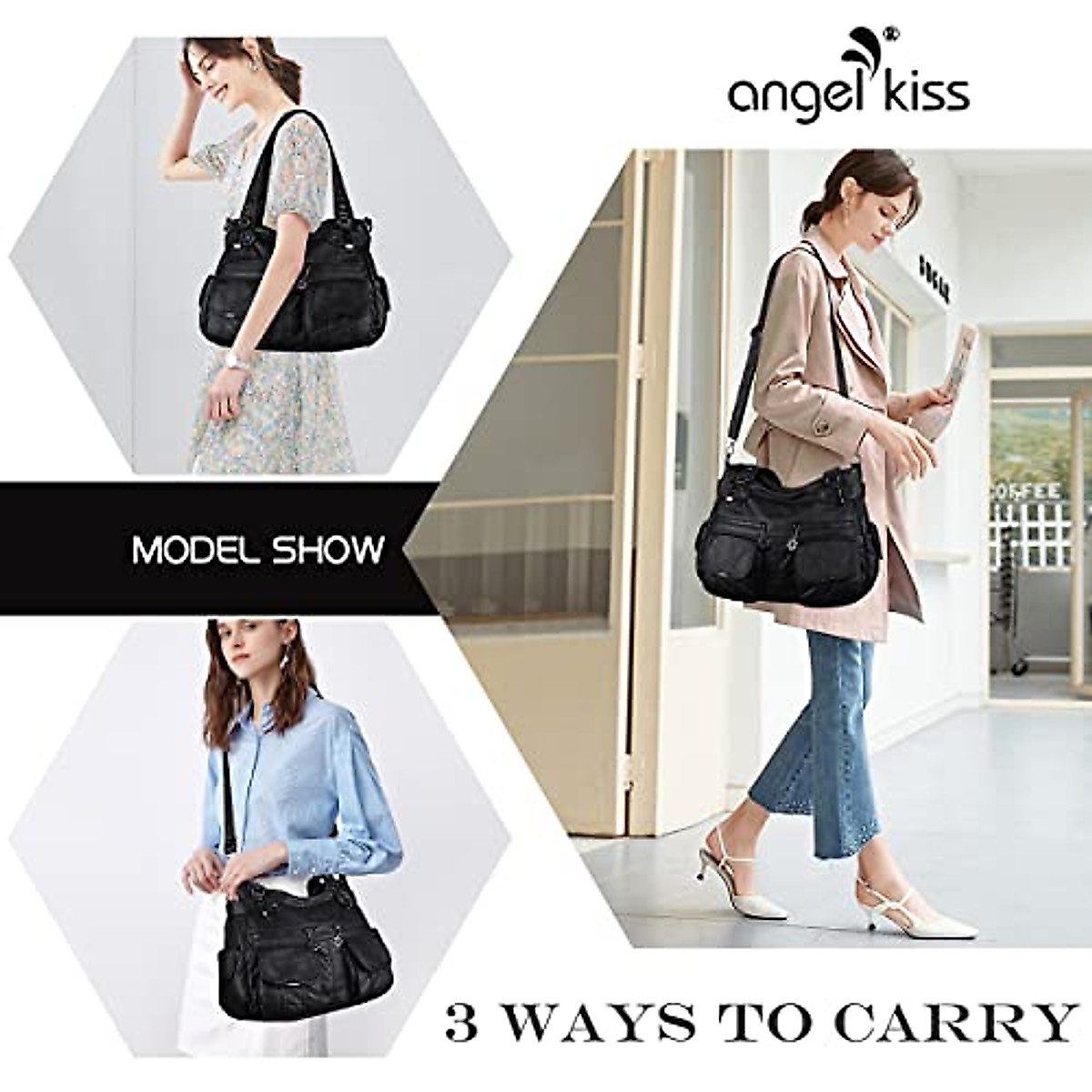 Angelkiss Women's Designer Handbag Large Double Zipper Multi Pocket Washed, Black