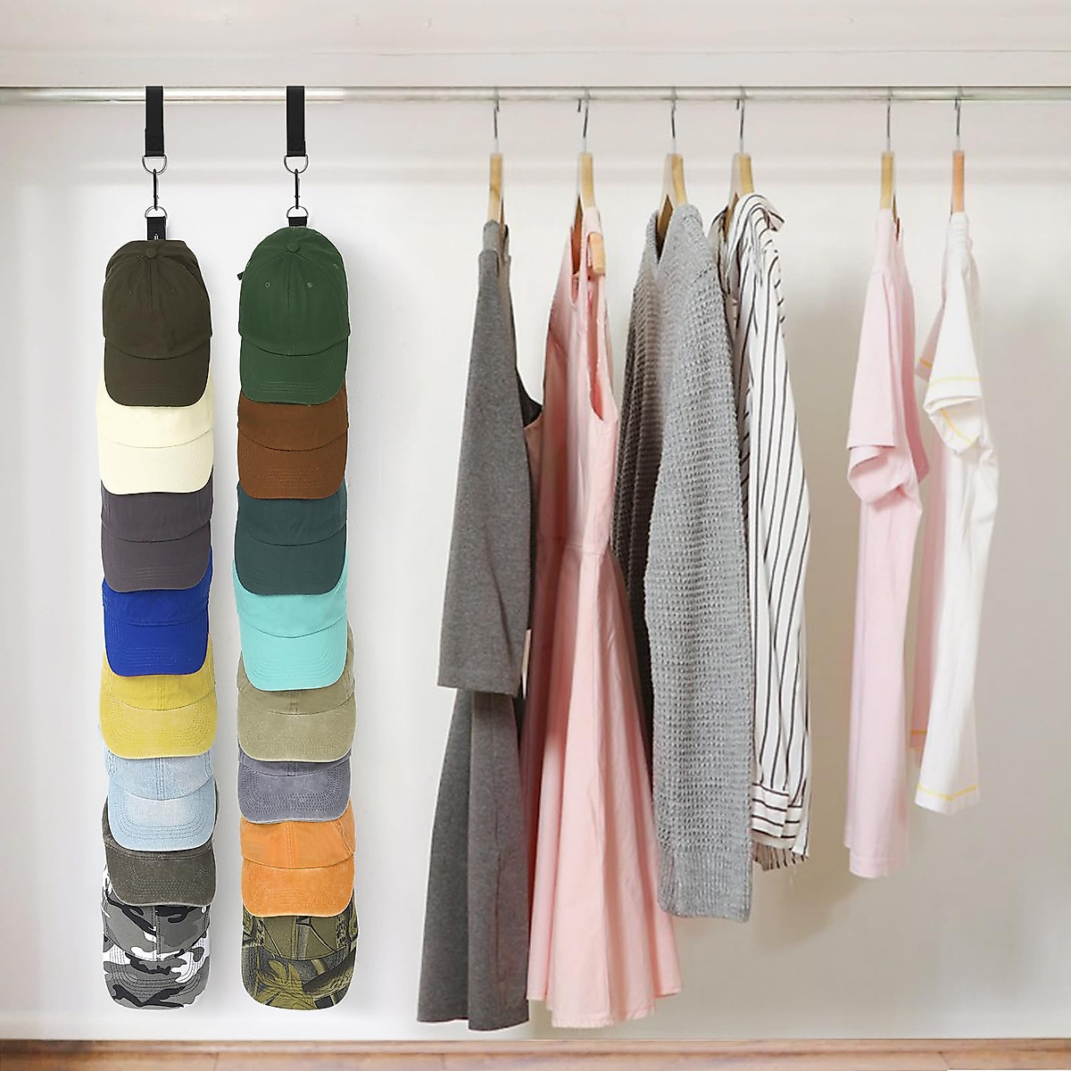 RMYE Closet Storage Hanging Vertical Rack Hat Organizer for Closet 2 Pcs Multiple Storage Strap 16 Metal Hooks Hold up to 48 Caps Hat Racks for Baseball Caps for Door Hat Holder Organizer Closet
