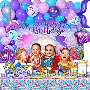 Freechase Mermaid Birthday Party Decorations - 345PCS Mermaid Birthday Theme Party Supplies Balloon Garland Kit, Happy Birthday Party Supplies with Dinnerware Banner Set for Boys Girl Kids -16 Guest