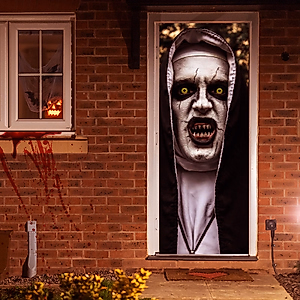 Halloween 3D Nun Door Cover Sticker, 30 x 80 Inch Lifelike Scary Ghost Nun Wallpaper for Front Door Decor, Party Outdoor Supplies