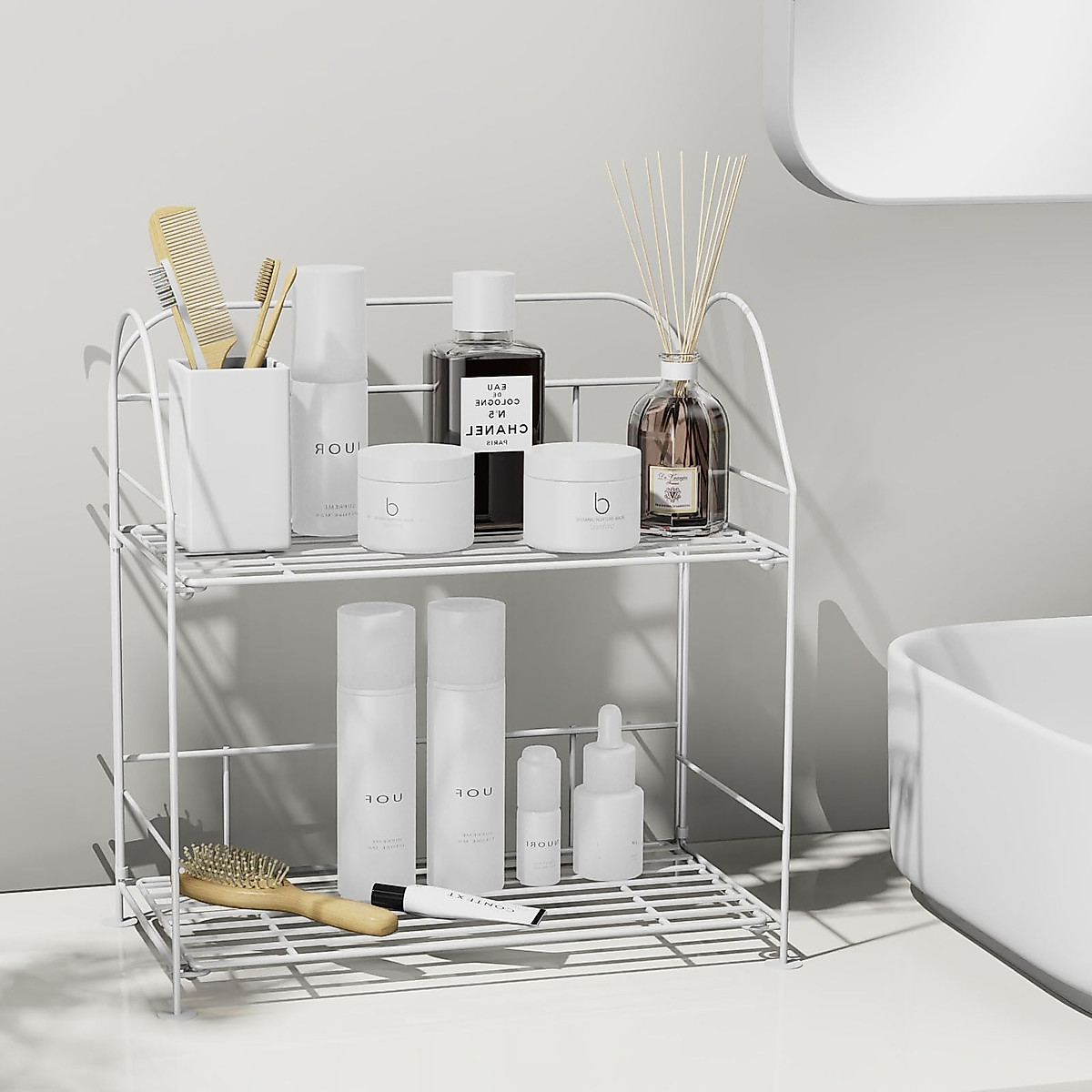 Johamoo Bathroom Shelves for Storage, Bathroom Shelf Over Toilet, Multifunctional Foldable Storage Rack, Free Standing 2 Tiers Utility Shelves Living Room Kitchen (White)