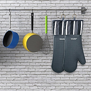 Alselo Silicone Oven Mitts Heat Resistant 550 Degree Extra Long Kitchen Gloves Pot Holders with Waterproof and Non-Silp for Baking Cooking Barbecue Microwave Machine Washable (Extra Long Grey, 2)