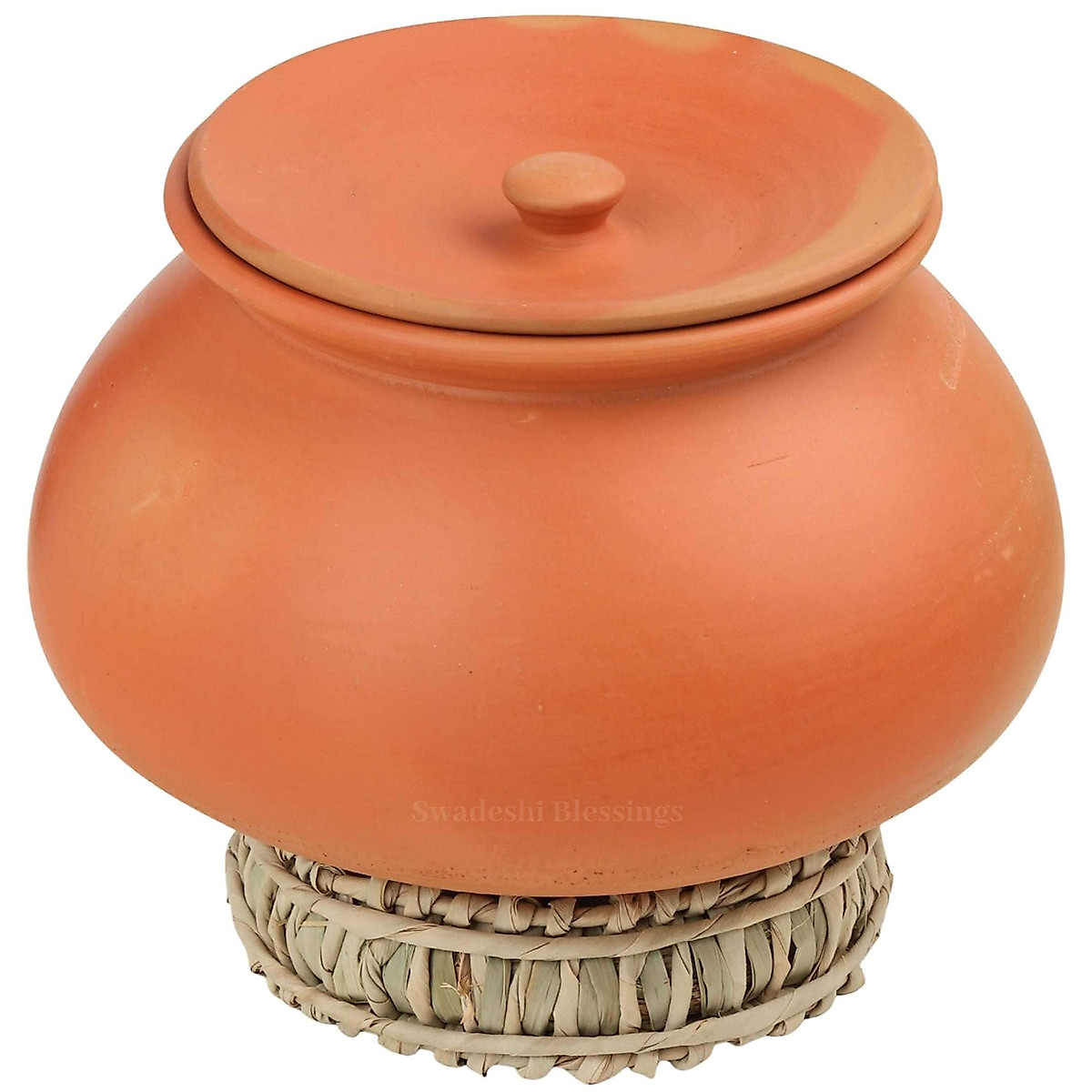 Swadeshi Blessings HandMade Exclusive Range Unglazed Mud/Earthen Handi/Mitti Ke Bartan/Clay Pot for Cooking & Serving with Lid, 3 Liters (with Mirror Shine) + Free Palm Leaf Stand