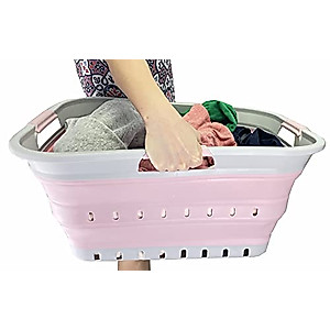 SAMMART 42L (11 gallon) Collapsible Plastic Laundry Basket - Foldable Pop Up Storage Container/Organizer - Portable Washing Tub - Space Saving Hamper/Basket (Grey/Pale Pink)