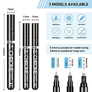 3Pcs Silver Liquid Mirror Chrome Markers, Permanent Reflective Liquid Chrome Paint Pens Set, High Gloss Art Car DIY Model Repair Markers Set for Plastic Metal Glass Ceramic - 0.7mm,1mm & 3mm