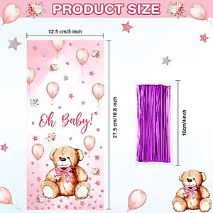 Pajean 100 Pack Bear Baby Shower Treat Bags Bear Cellophane Candy Bag Bulk Plastic Goodie Gift Bags with Metallic Twist Ties for Gender Reveal Birthday Party Favors (Pink)